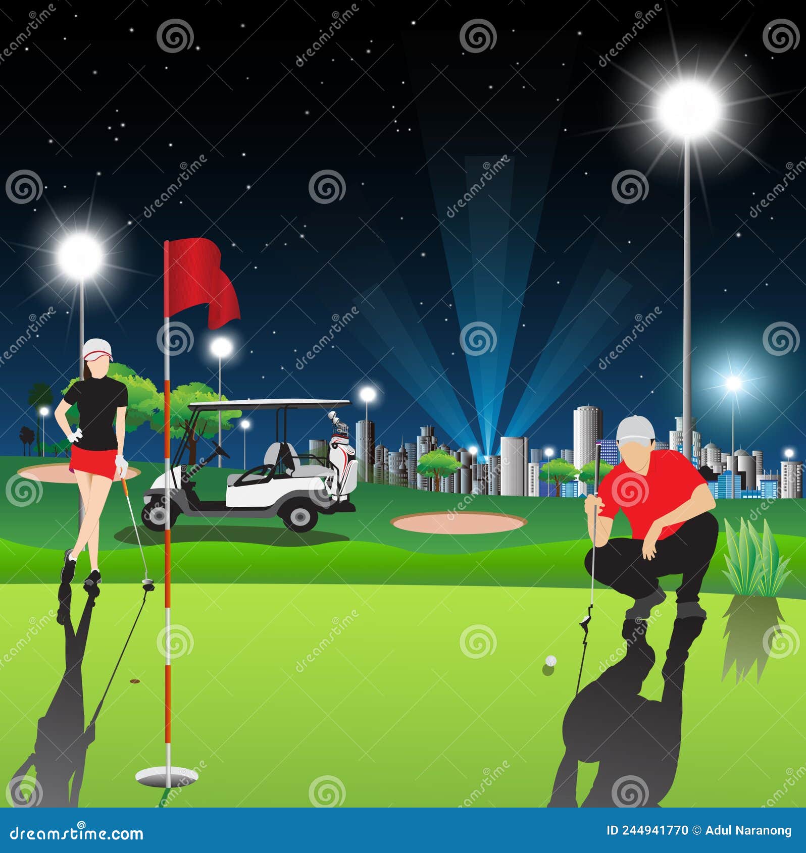 Play golf at night stock vector. Illustration of golfers - 244941770