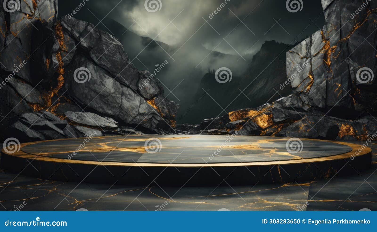 Atmospheric Abstract Design with Central Platform and Golden Veined ...