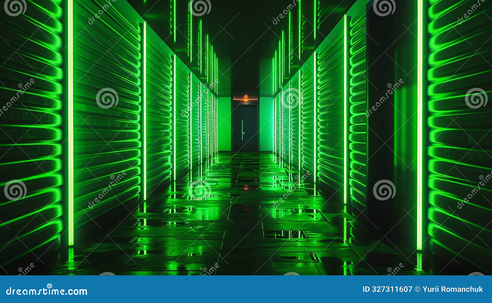 Atmospheric Corridor with Green Neon Lights and Reflective Wet Floor ... Atmospheric Corridor with Green Neon Lights and Reflective Wet Floor ...