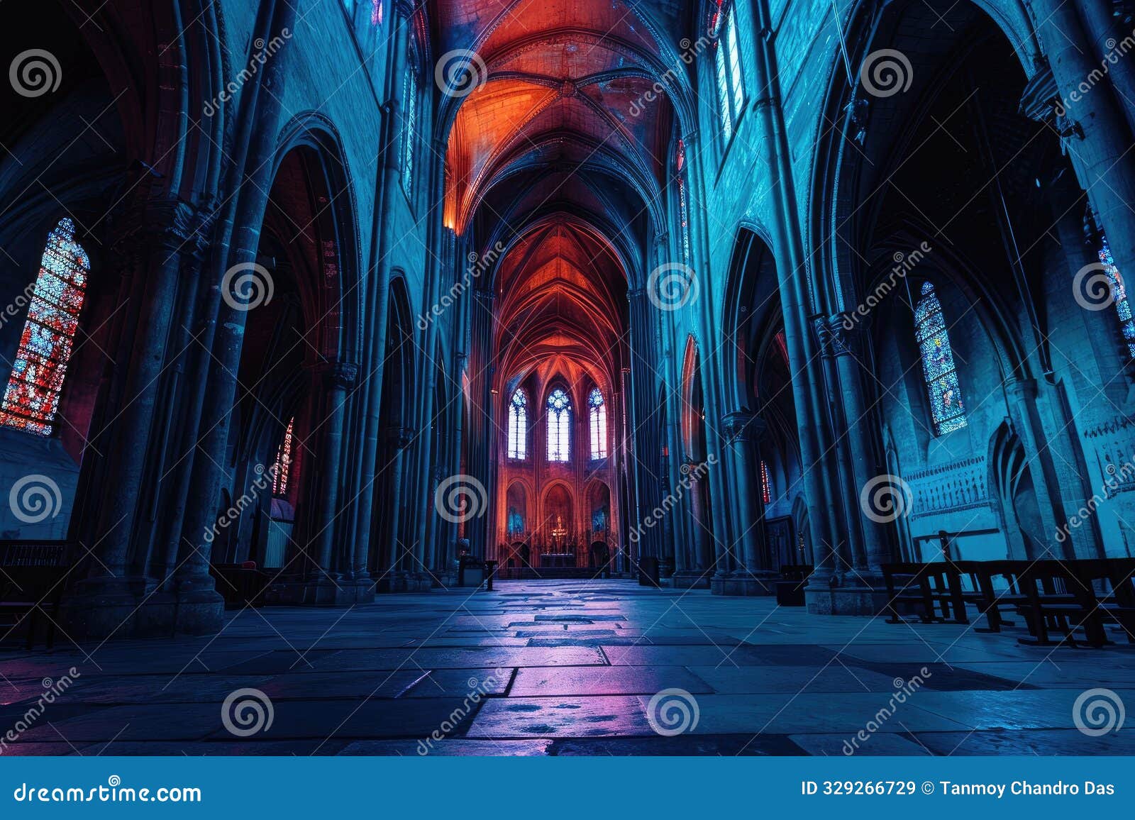 An Atmospheric Gothic Cathedral Interior, Bathed in Dimmed, Colored ...