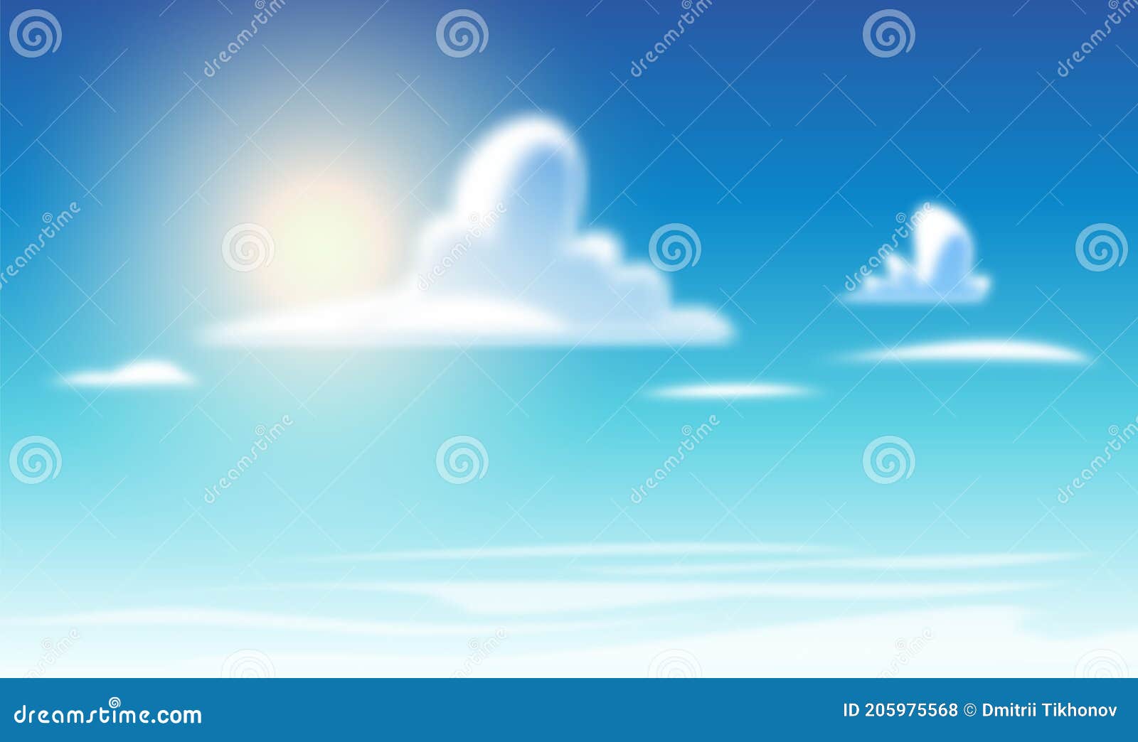 Atmospheric Lighting, Blue Sky, White Cumulus Clouds And Sun. Cartoon ...