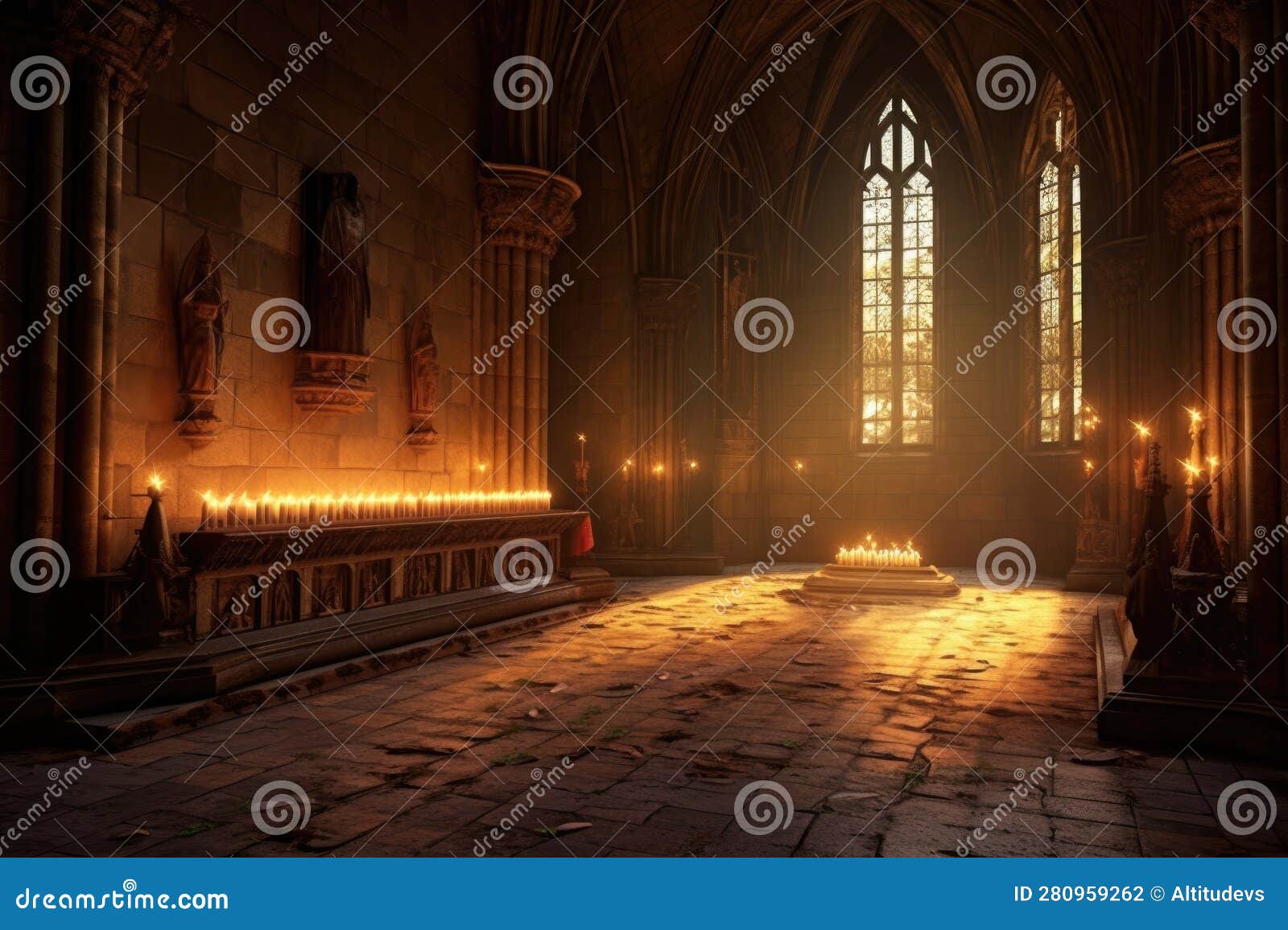 Atmospheric View of Gothic Cathedral Crypt with Candlelight Stock ...