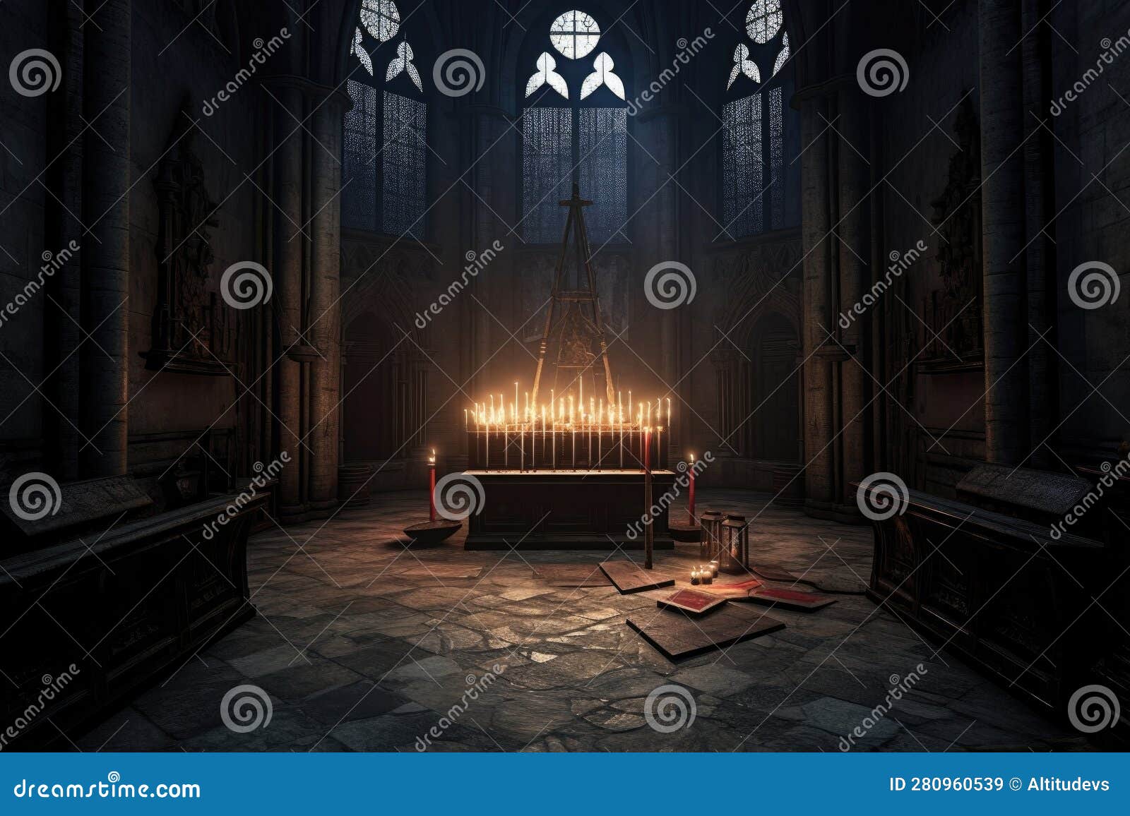 Atmospheric View of Gothic Cathedral Crypt with Candlelight Stock ...