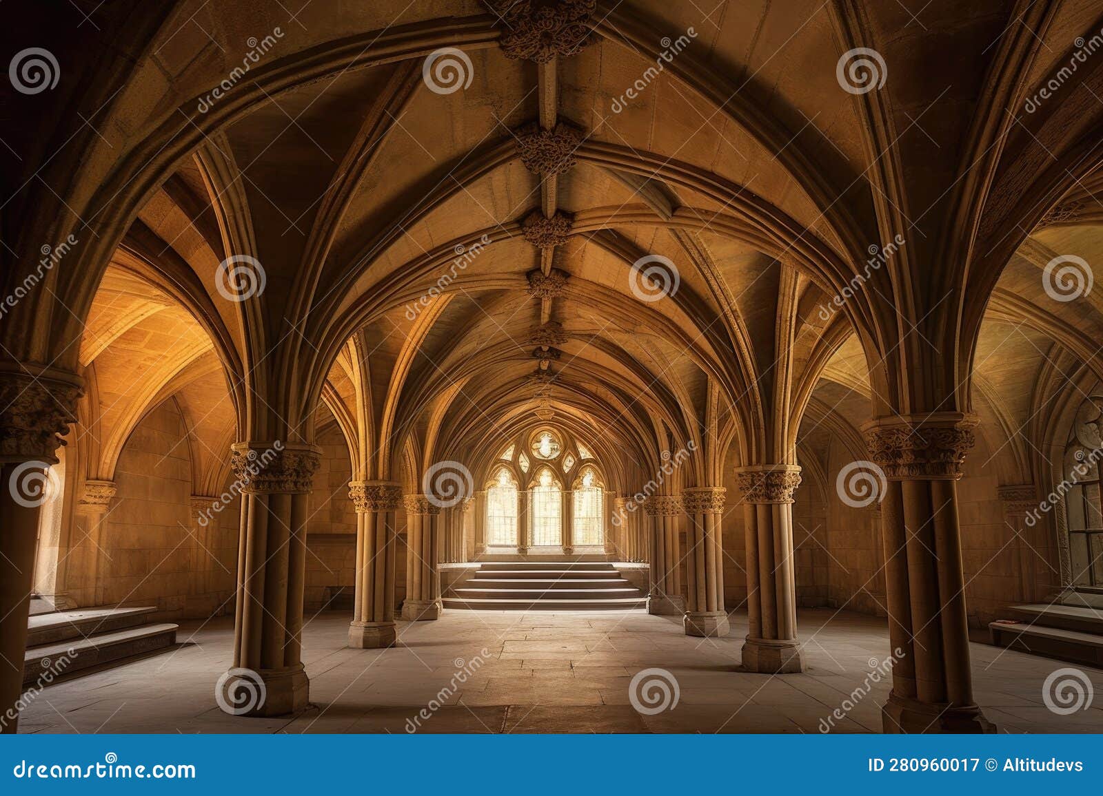 Atmospheric View of Vaulted Ceiling and Arches Stock Illustration ...