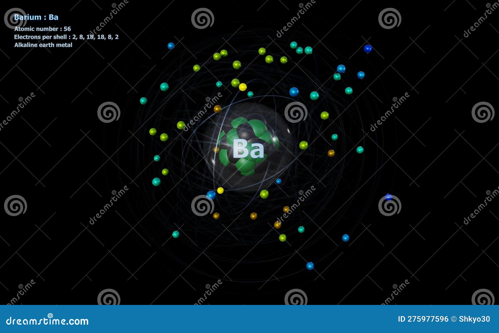 Atom of Barium with Core and 56 Electrons on Black Stock Illustration ...