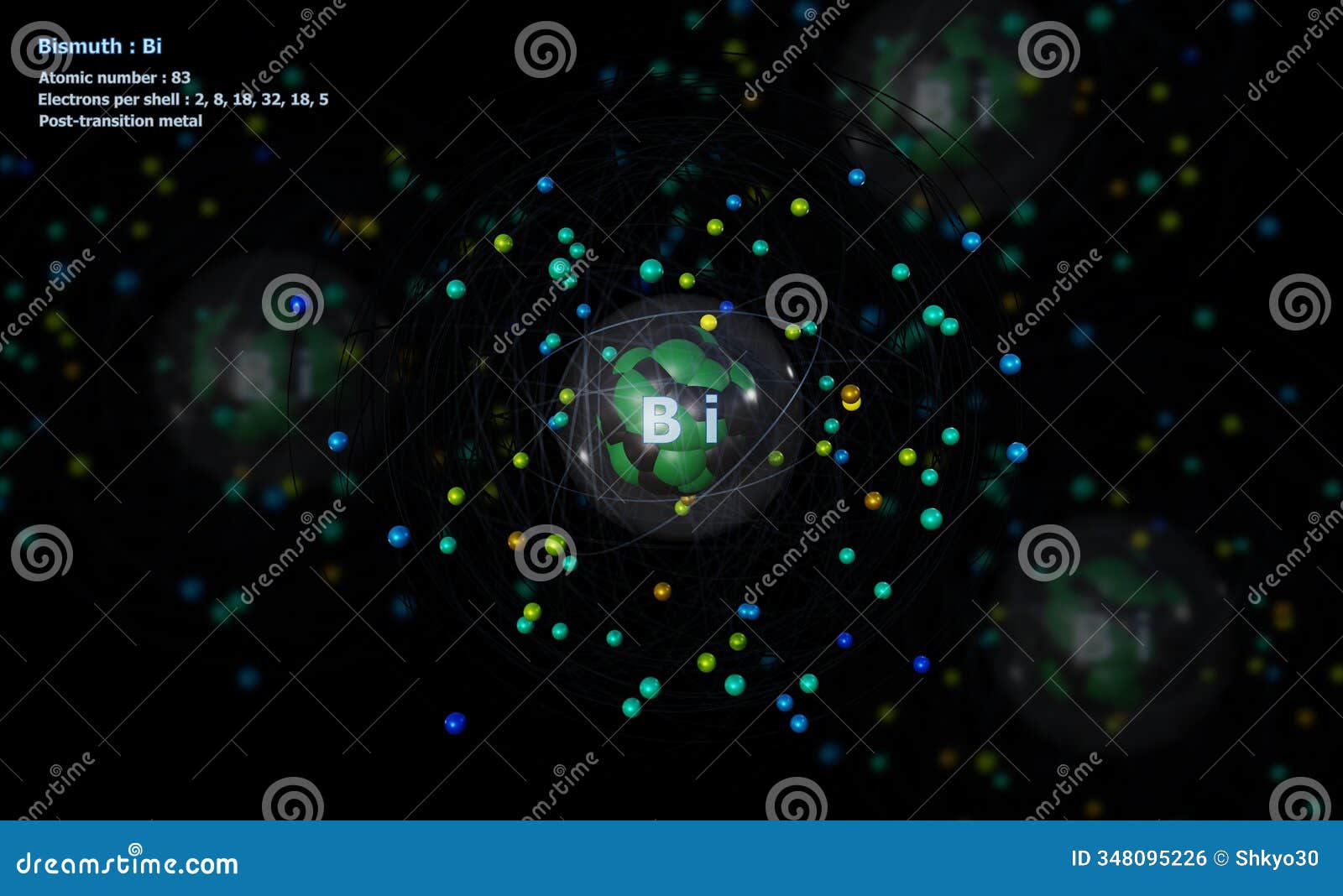 Atom of Bismuth with Detailed Core and Its 83 Electrons on Black with ...