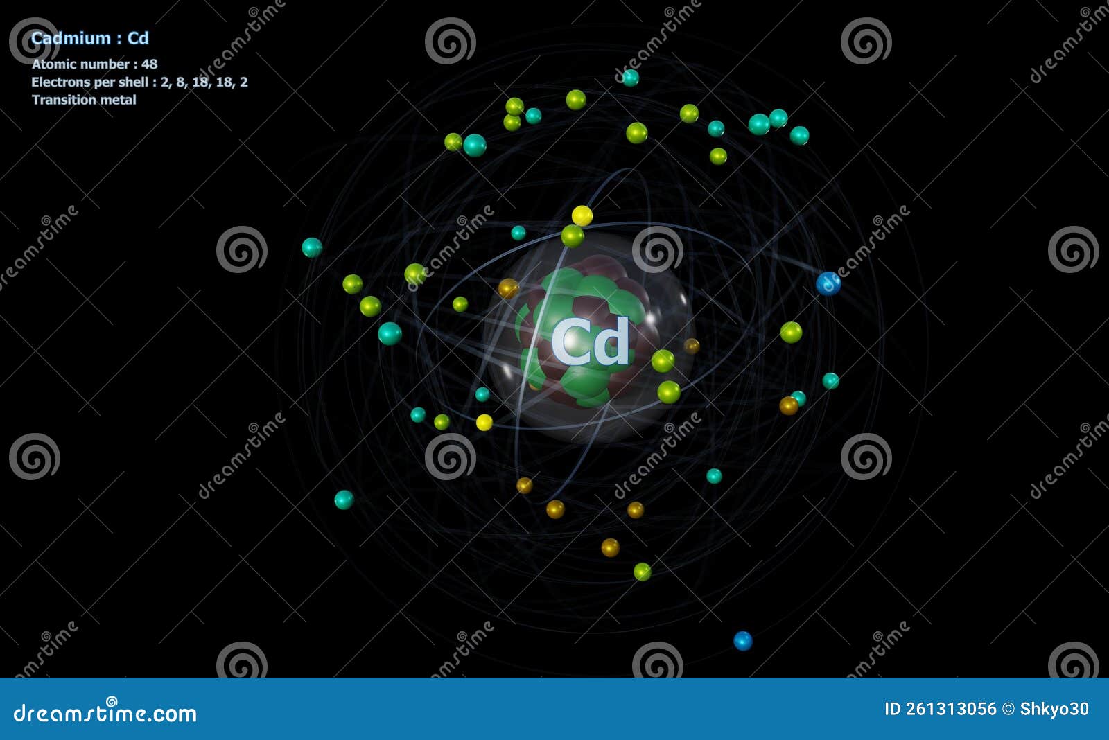 Atom of Cadmium with Core and 48 Electrons on Black Stock Illustration ...