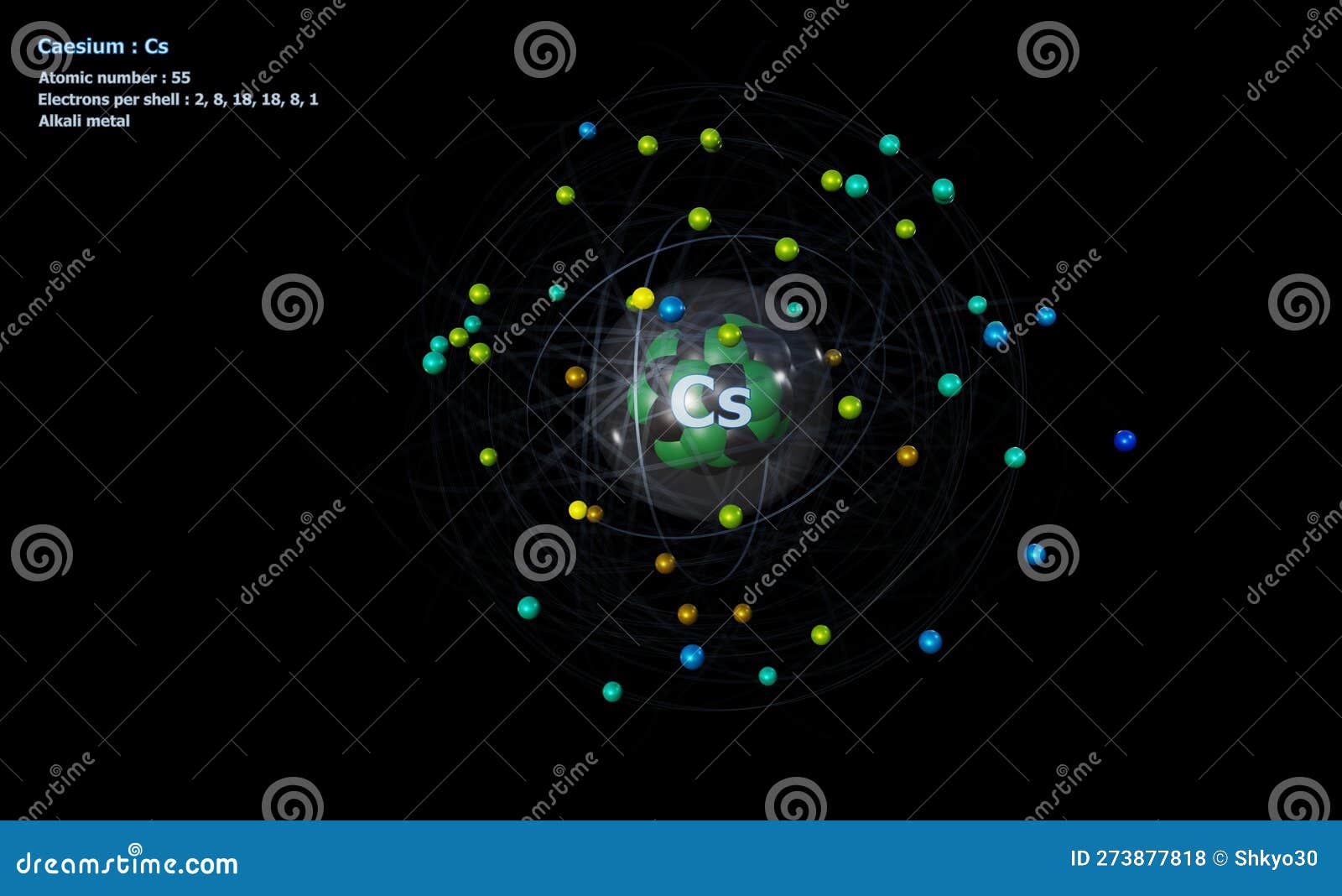 Atom of Caesium with Core and 55 Electrons on Black Stock Illustration ...