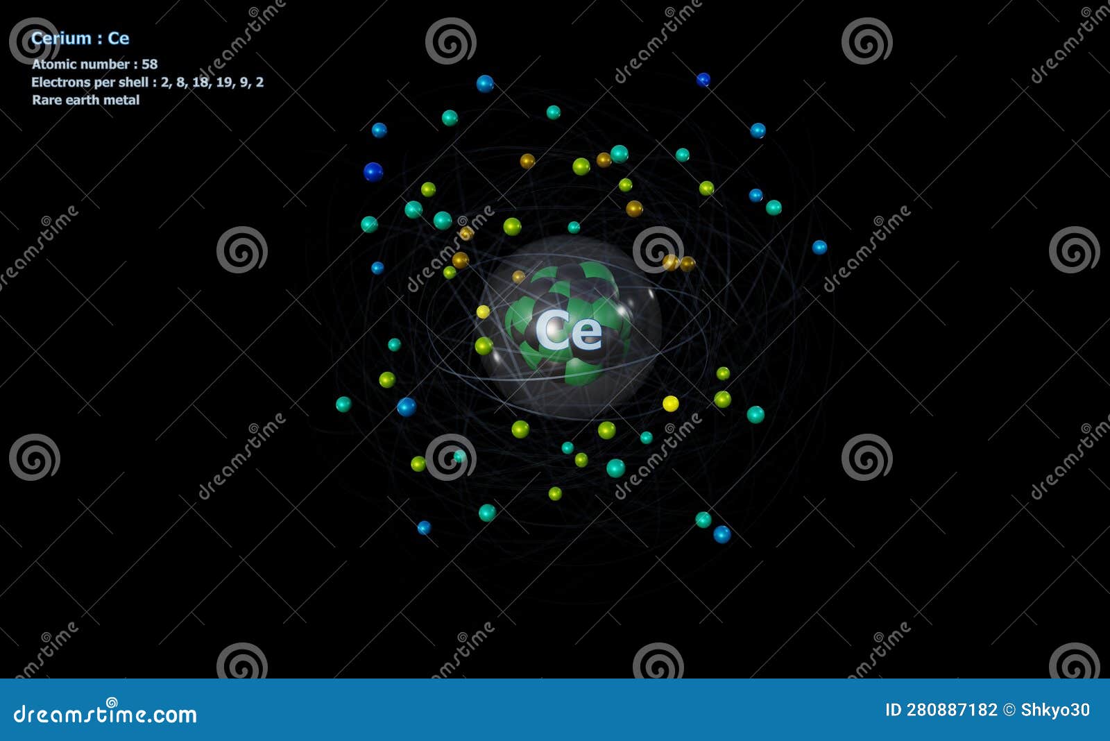 Atom of Cerium with Core and 58 Electrons on Black Stock Illustration ...