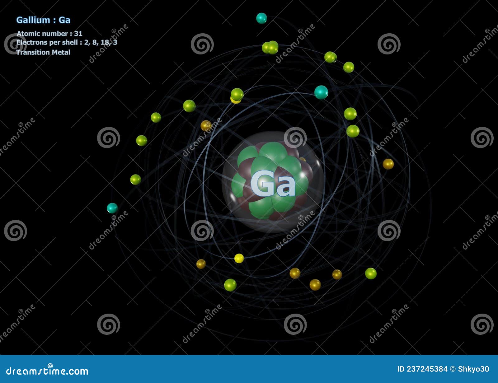 Atom of Gallium with Detailed Core and Its 31 Electrons on Black Stock ...