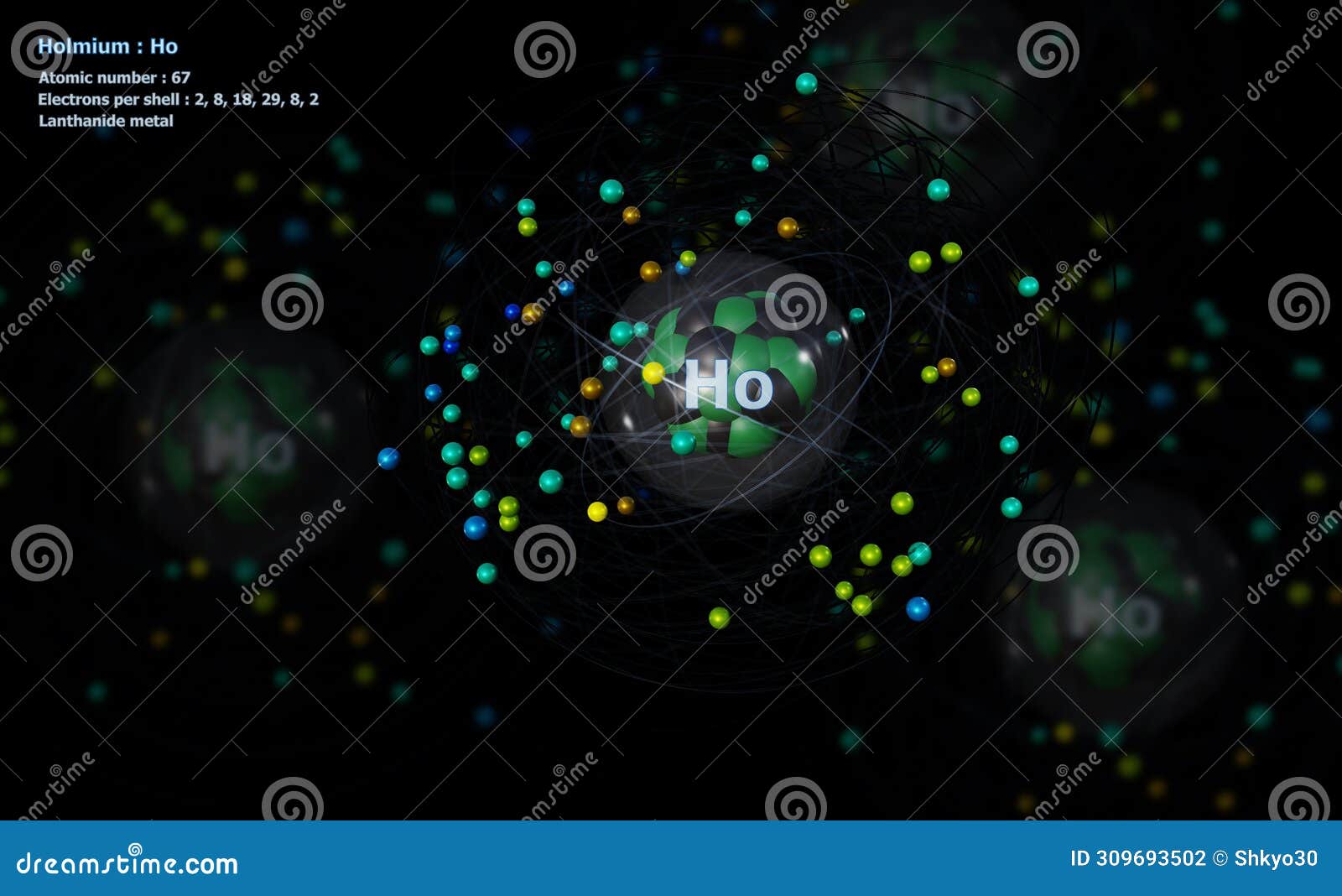 Atom Of Holmium With Core And 67 Electrons On Black Stock Photography ...