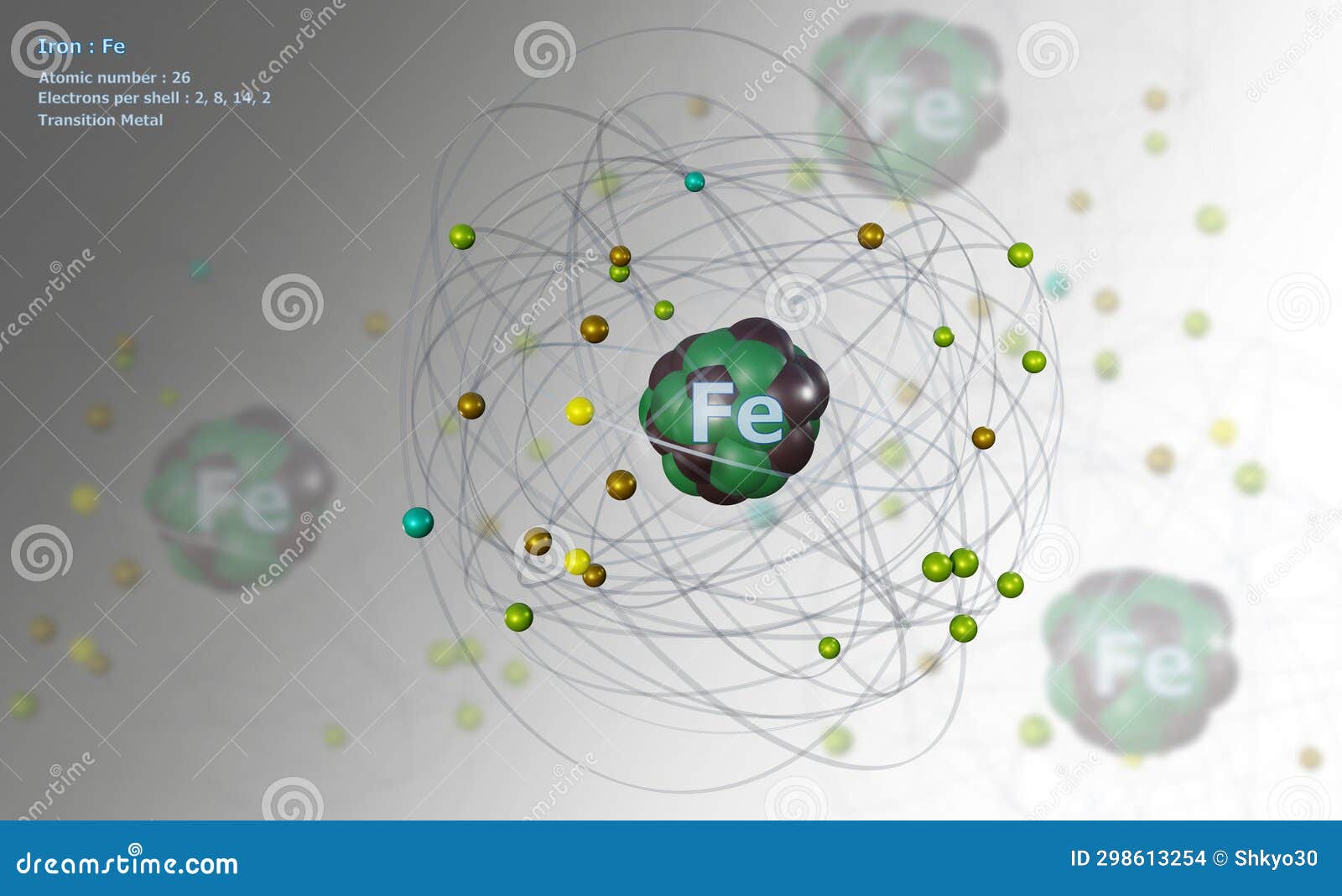 Atom of Iron with Detailed Core and 26 Electrons on White with Atoms ...