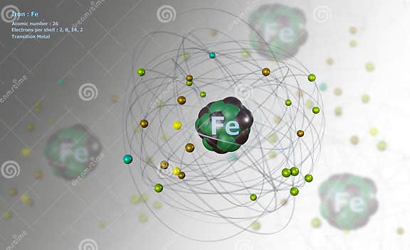 Atom of Iron with Detailed Core and 26 Electrons on White with Atoms ...