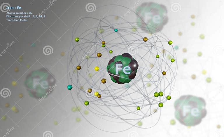 Atom of Iron with Detailed Core and 26 Electrons on White with Atoms ...