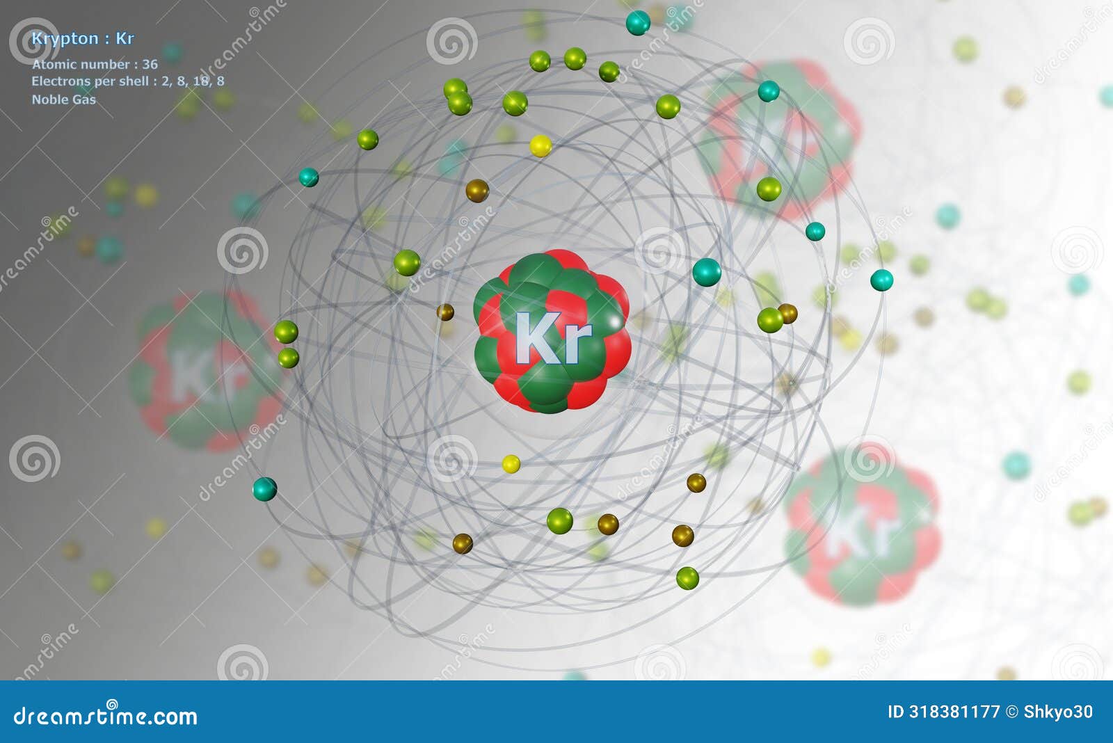 Atom of Krypton with Detailed Core and Its 36 Electrons on White with ...
