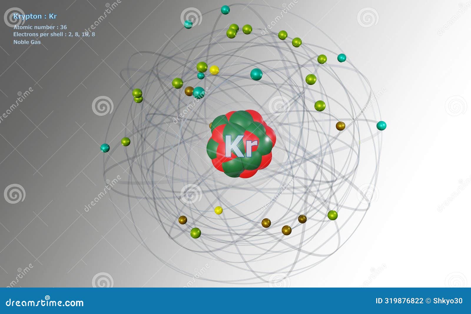 Atom of Krypton with Detailed Core and Its 36 Electrons on White Stock ...
