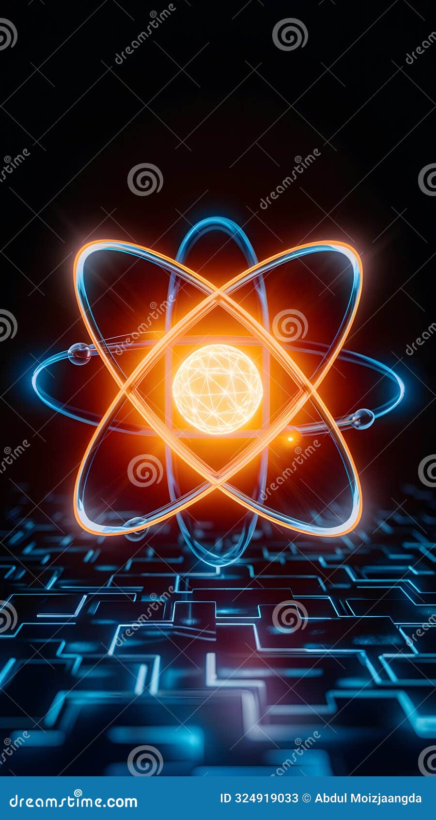 Atom Like Structure in Vibrant Orange and Blue, Floating in Dark Matrix ...
