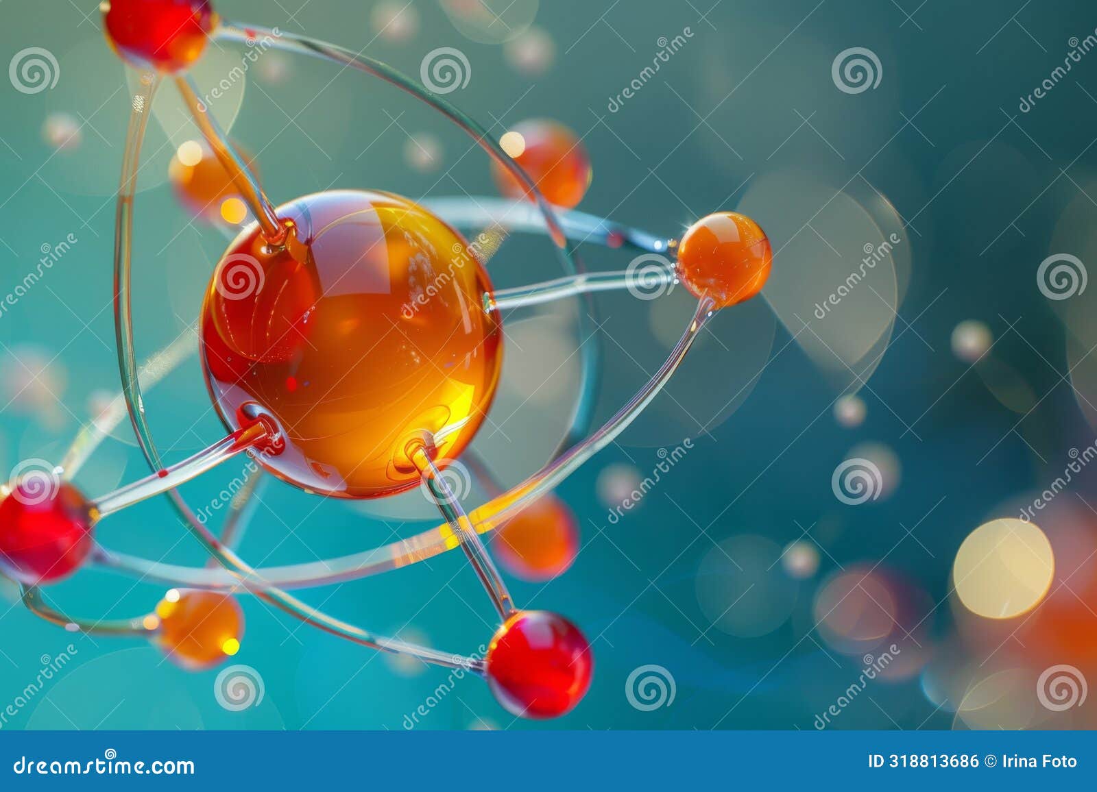 Atom Model with Bright Red and Orange Spheres on a Blue Background ...