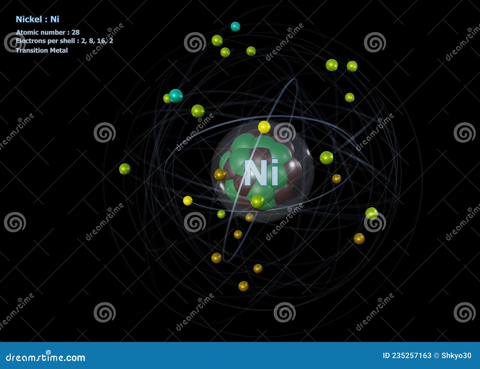 Atom of Nickel with Detailed Core and Its 28 Electrons on Black Stock ...