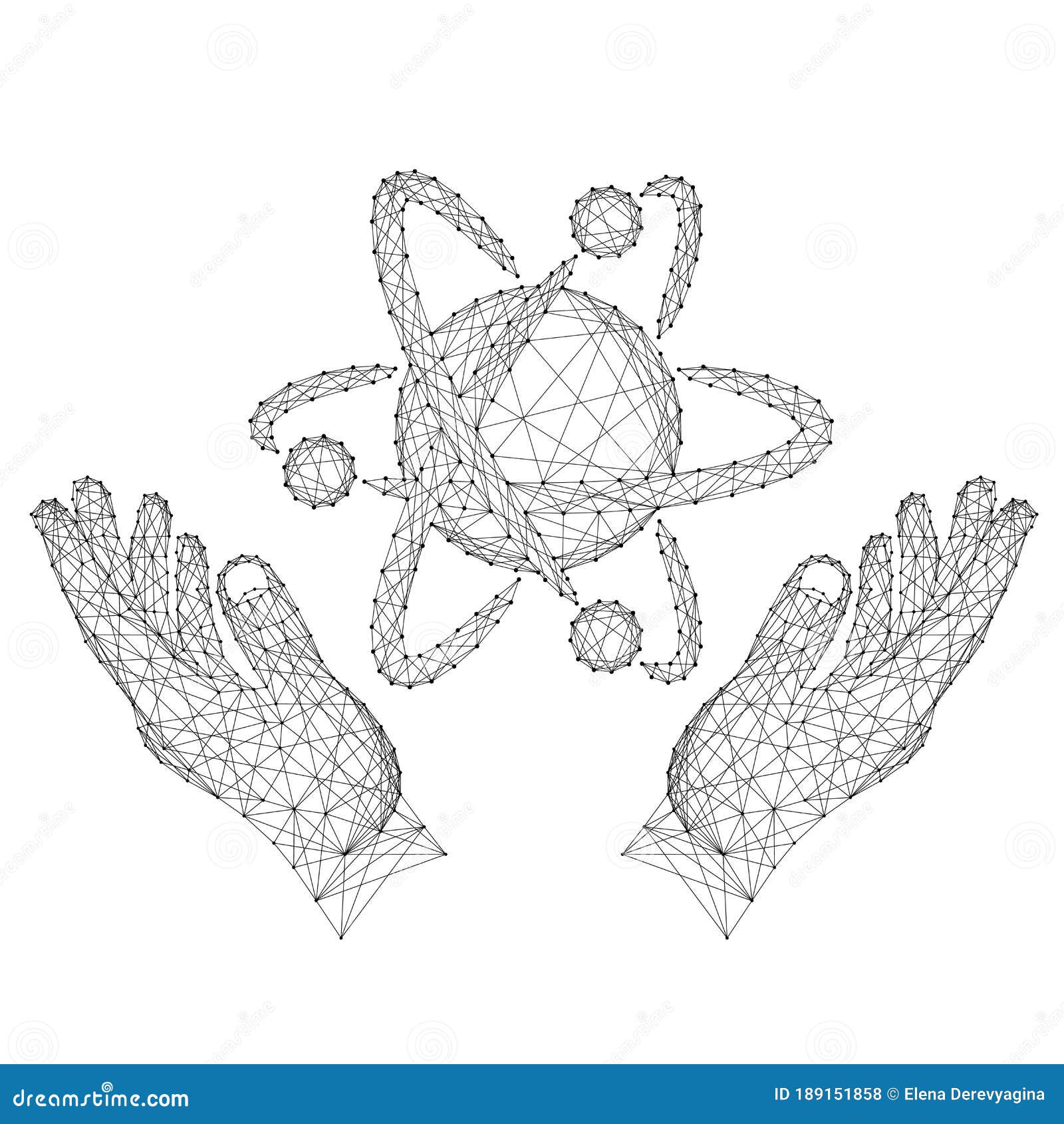 Atom with Orbits Electrons and Two Holding, Protecting Hands from Abstract Futuristic Polygonal ...
