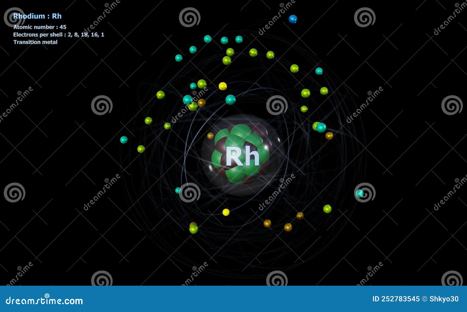 Atom of Rhodium with Core and 45 Electrons on Black Stock Illustration ...