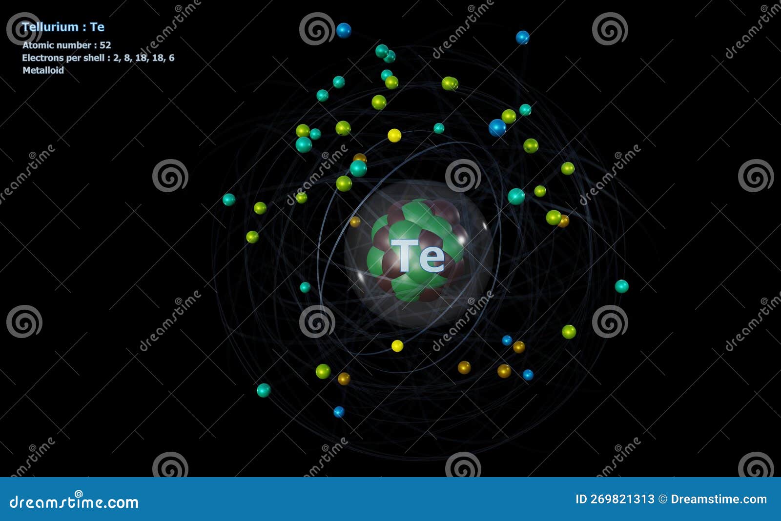 Atom of Tellurium with Core and 52 Electrons on Black Stock ...