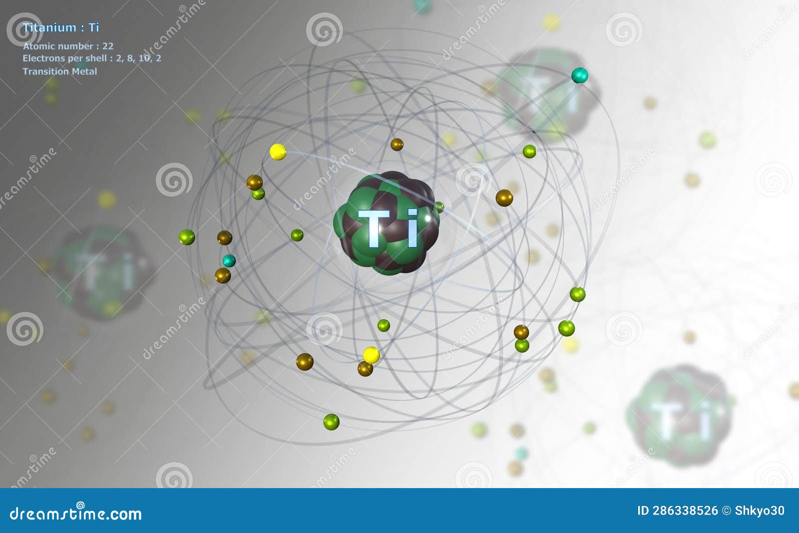 Atom of Titanium with Detailed Core and 22 Electrons on White with ...