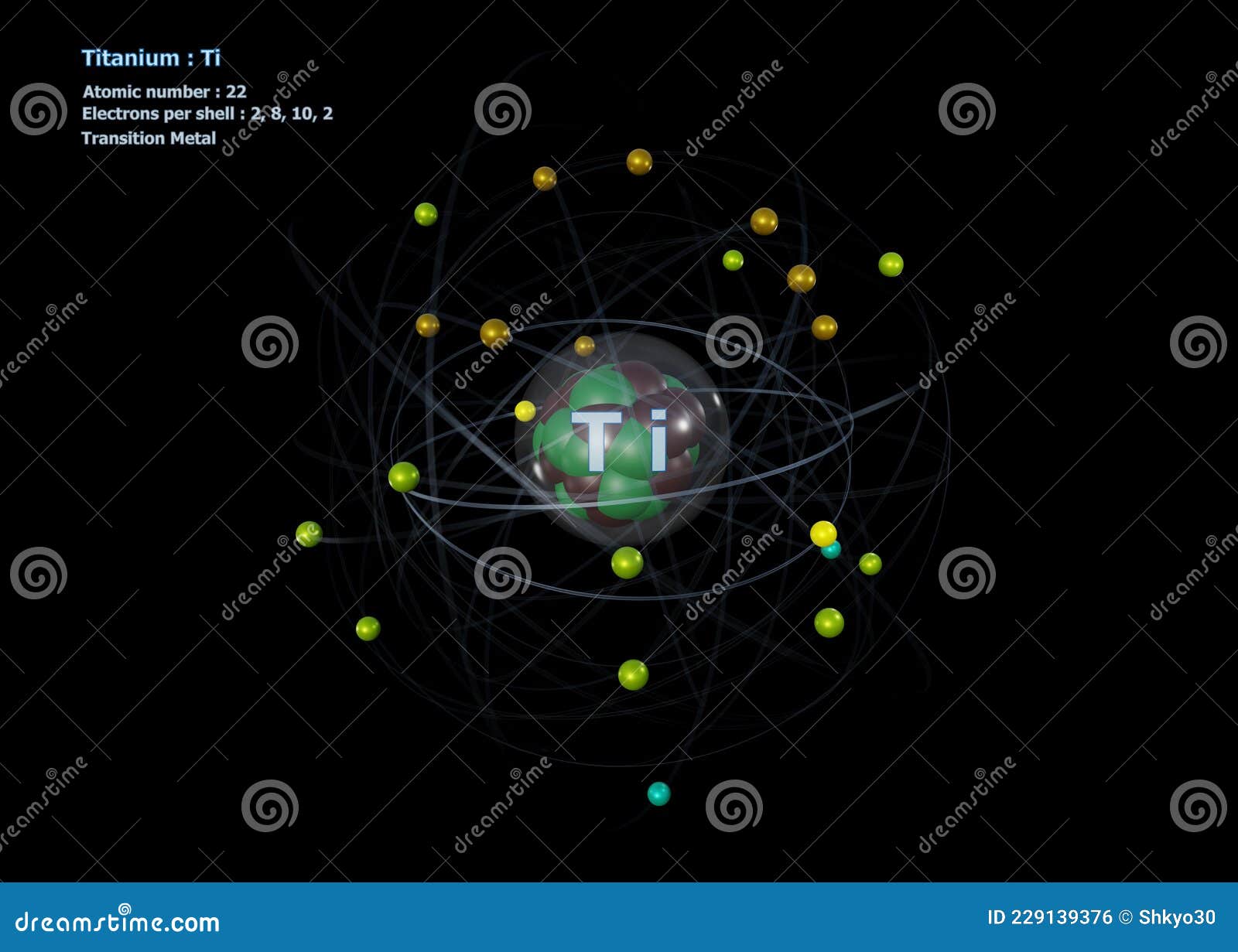 Atom of Titanium with Detailed Core and Its 22 Electrons on Black Stock ...