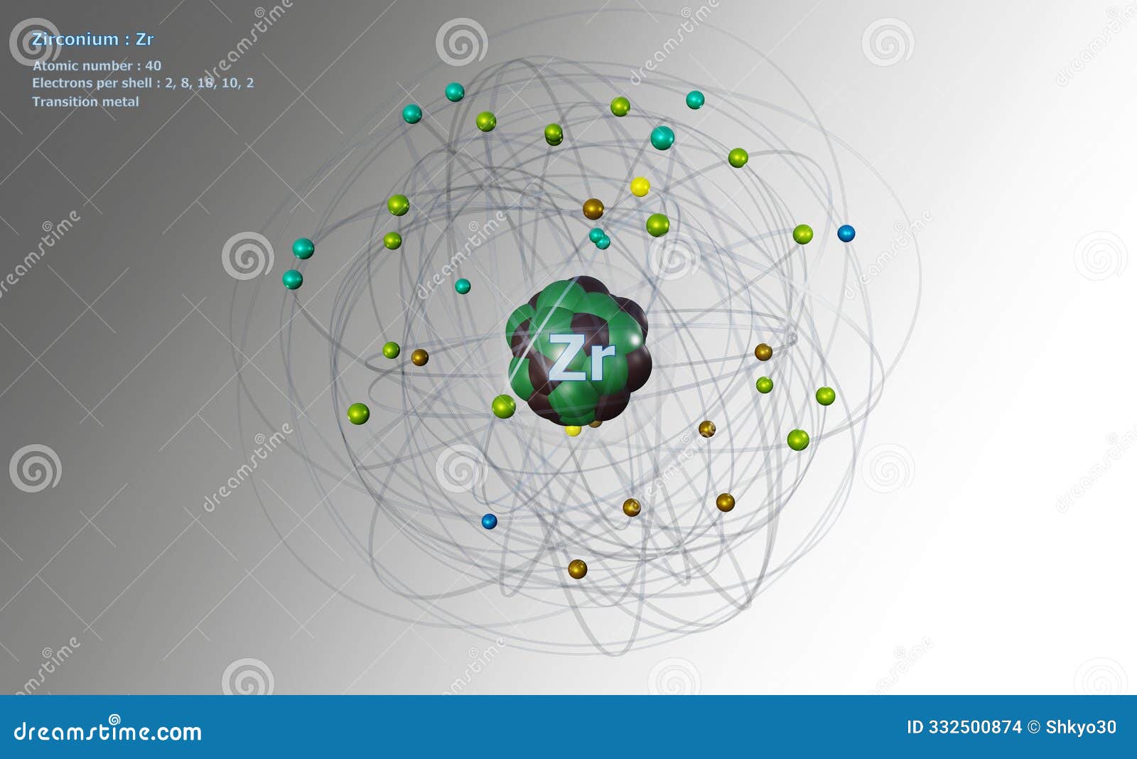Atom of Zirconium with Core and 40 Electrons on White Stock ...