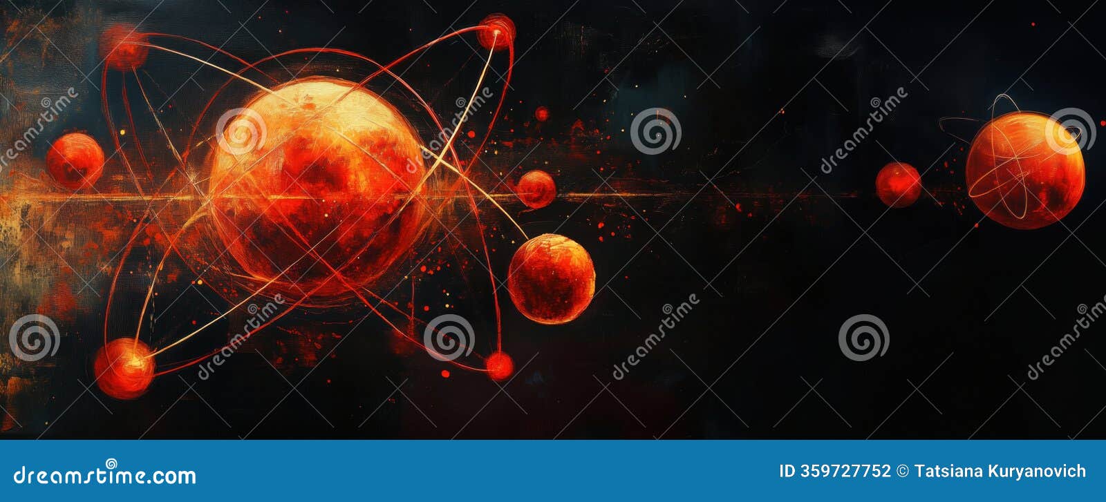 Atomic Structure with Red Planets and Cosmic Elements, Depicting a ...