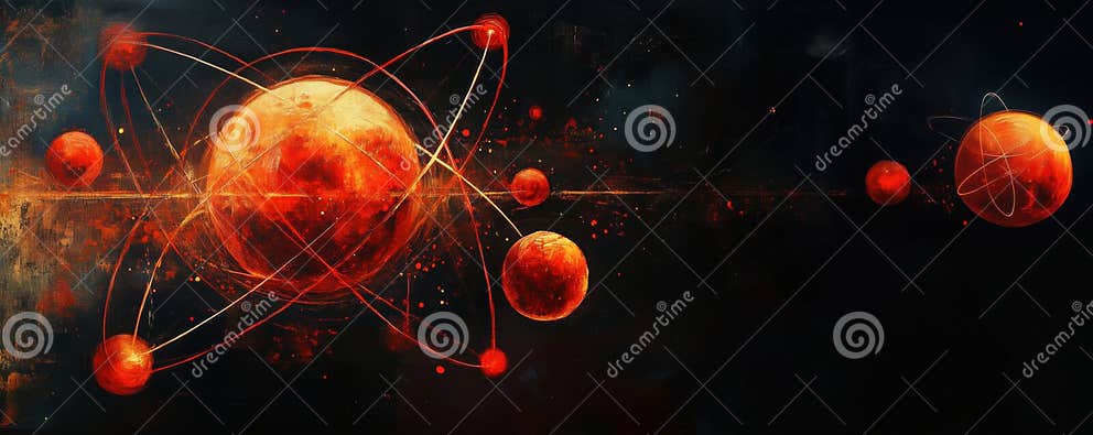 Atomic Structure with Red Planets and Cosmic Elements, Depicting a ...