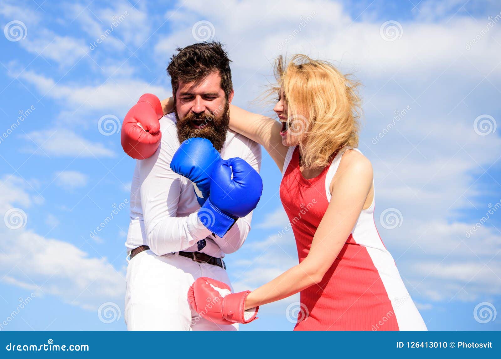 Relations As Struggle Concept Man And Woman Fight Boxing Gloves Blue
