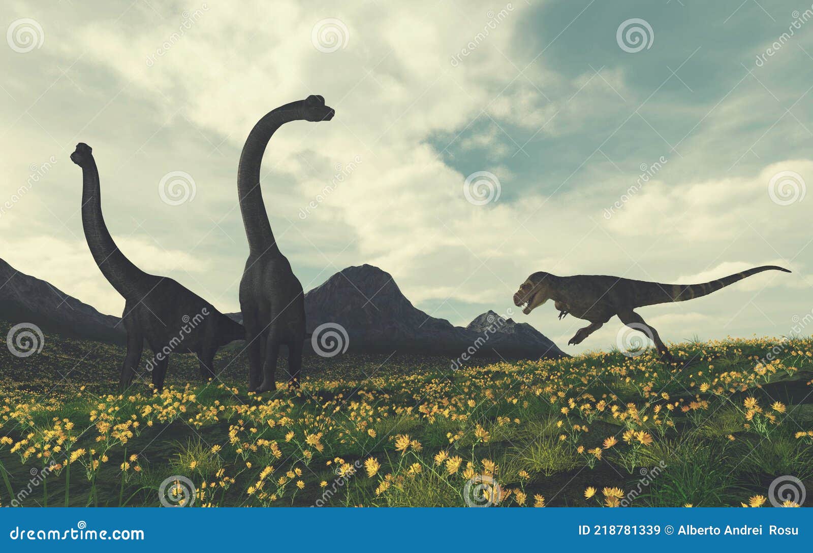 T Rex Attacking Brachiosaurus at Mountains . Stock Illustration ...