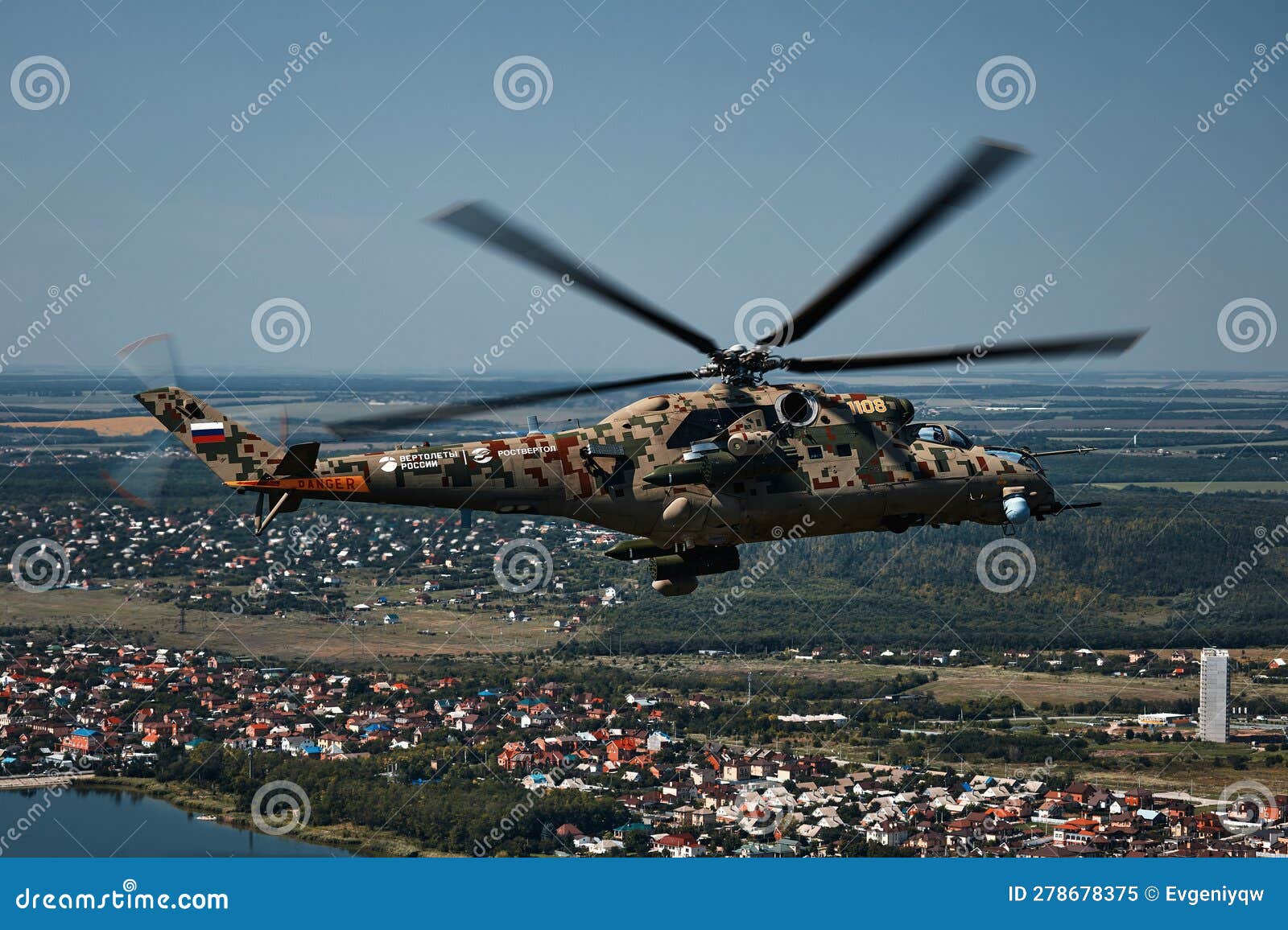 Attack Helicopter Mi-35P in Flight, View from a Parallel Helicopter ...