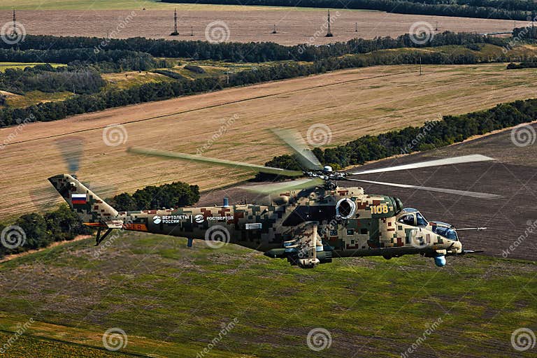 Attack Helicopter Mi-35P in Flight, View from a Parallel Helicopter ...