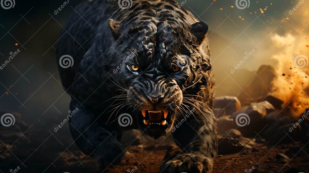 An Attack Panther Jumping on His Target Stock Image - Image of mammal ...