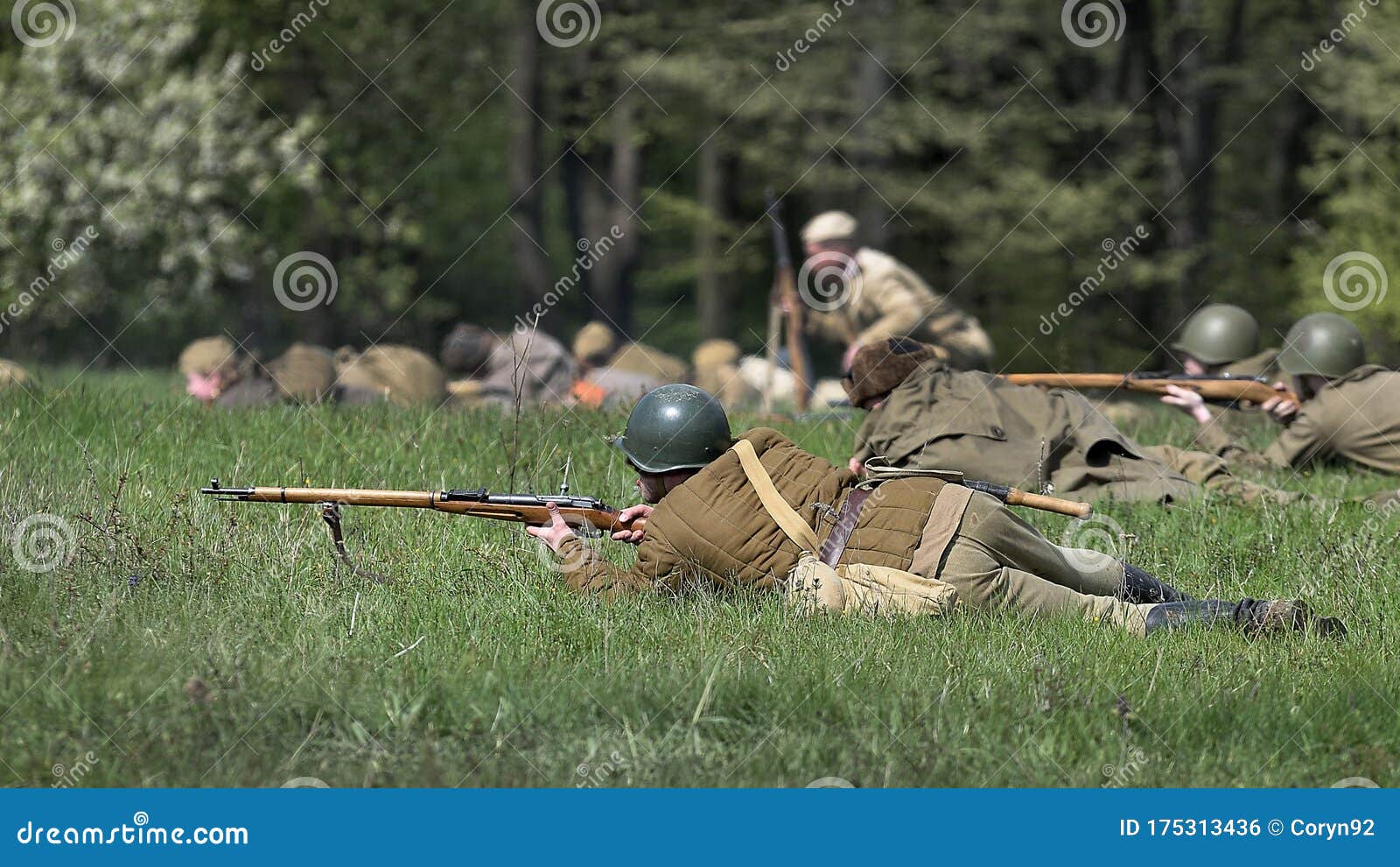 Attacking Soldier Vith Helmet and Rifle on the Ground, Frontal Attack ...