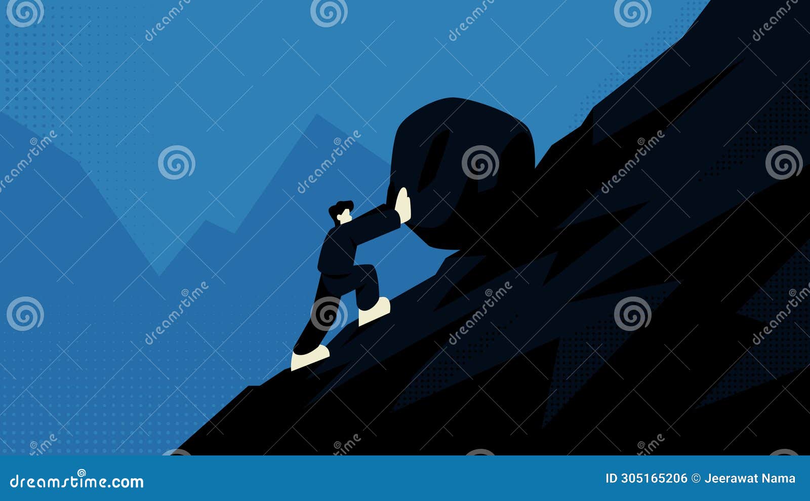 Attempt an Uphill Task, Businessman Pushing a Rock Up a Mountain Flat ...