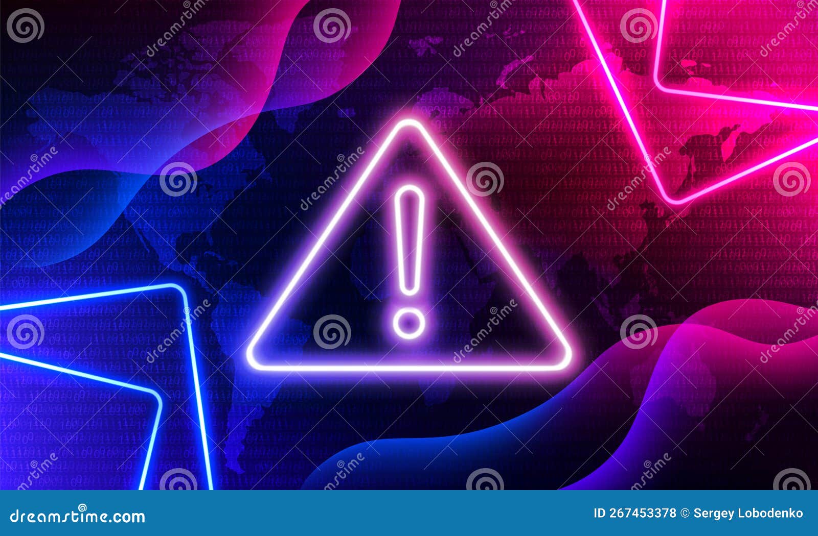 Attention Danger Hacking. Neon Symbol on Blue and Pink Map Background ...