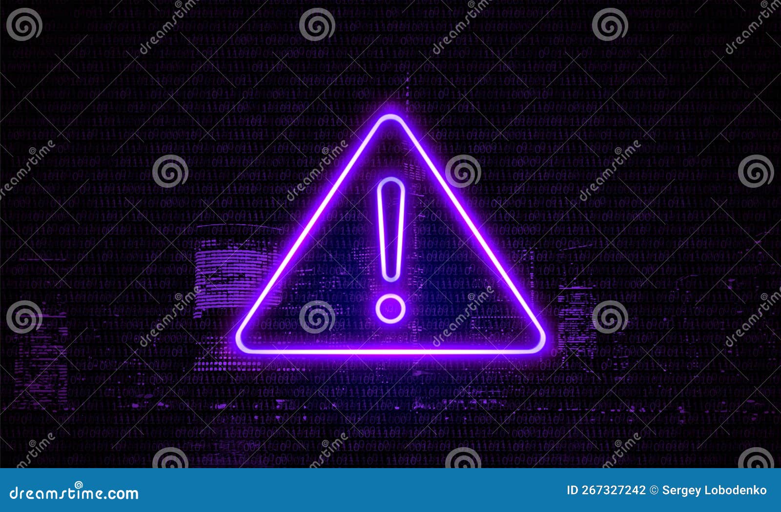 Attention Danger Hacking. Neon Symbol on Purple Big City Background ...