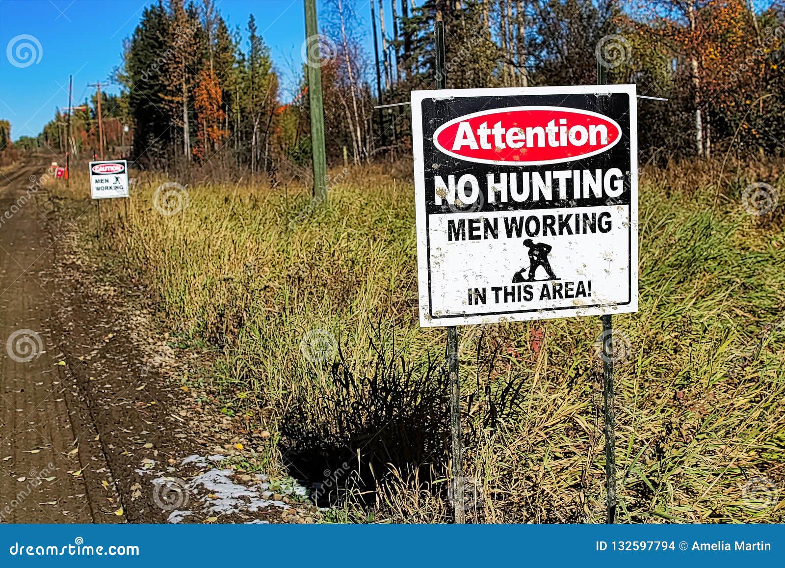 An Attention No Hunting, Men Working Sign Stock Photo - Image of ...