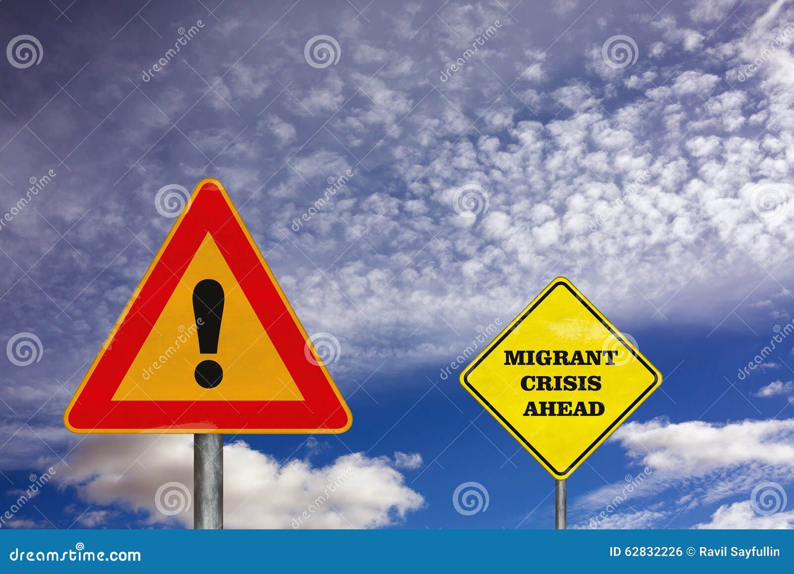 The Attention Road Sign with Migrant Crisis Ahead Stock Photo - Image ...