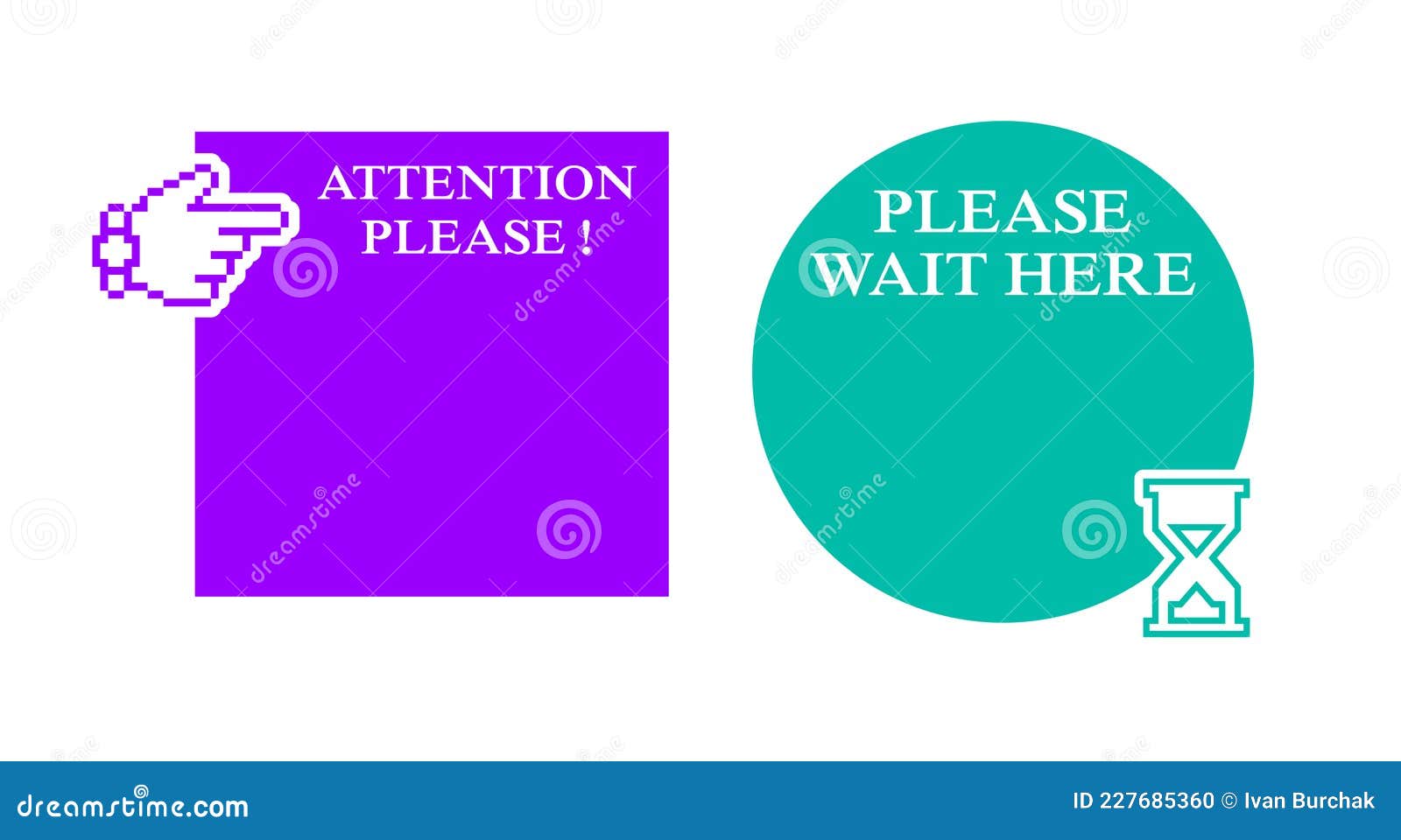 Attention Square Sign with Pixel Hand Cursor and Round Wait Sign with ...