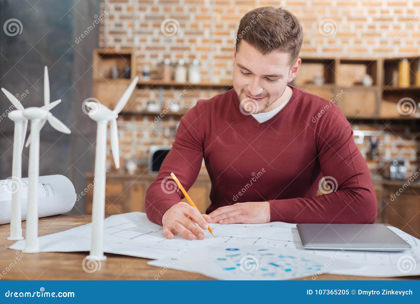 Attentive Engineer Smiling while Drawing on the Scheme Stock Image ...