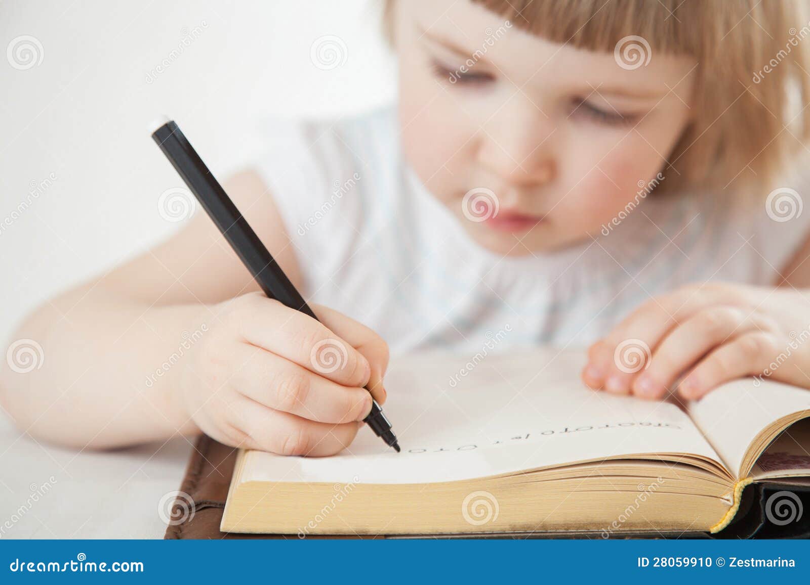 Attentive Little Girl Writing Letters Stock Photo - Image of page, copy ...