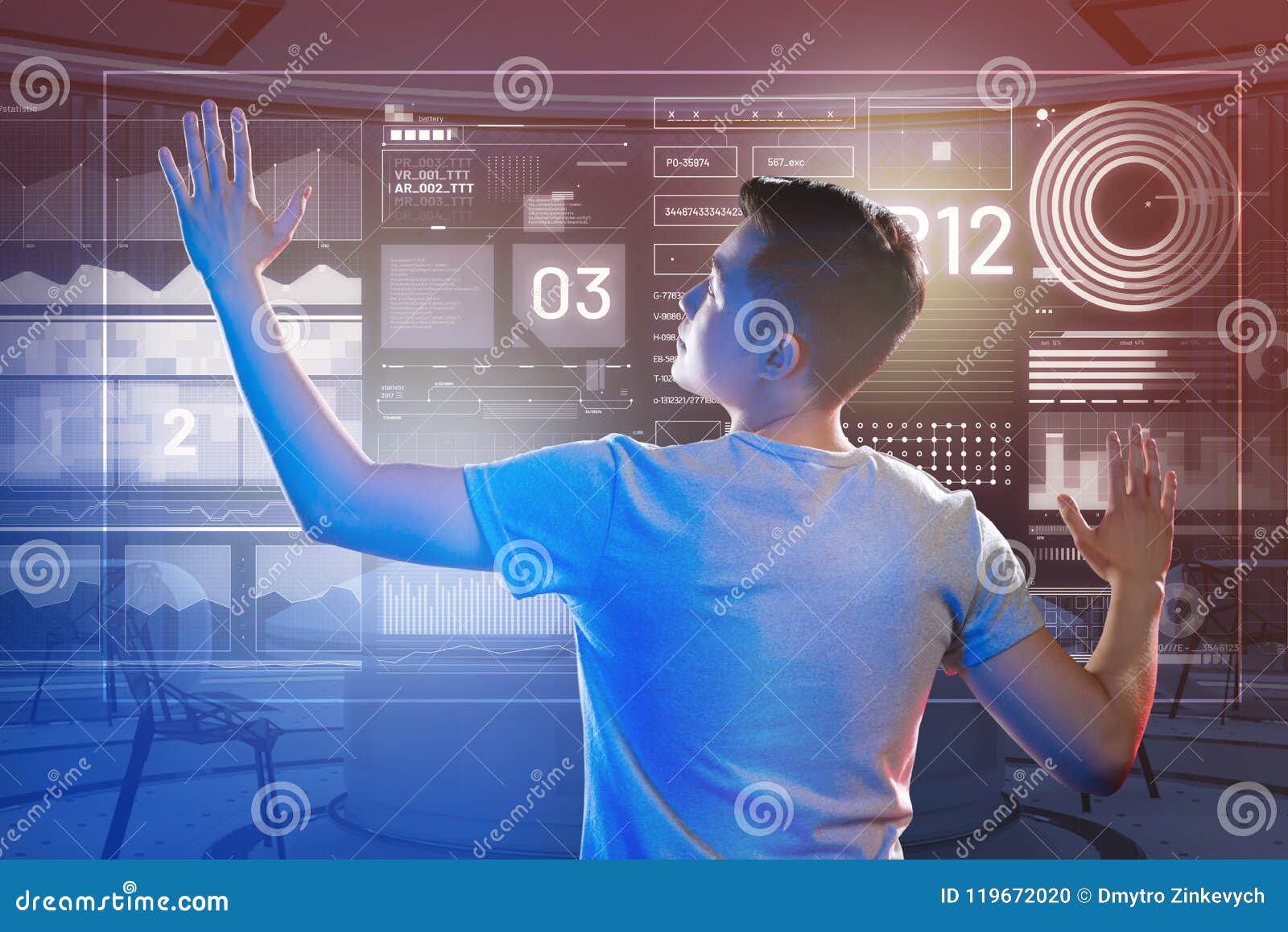 Attentive Software Developer Touching the Transparent Screen with Two ...