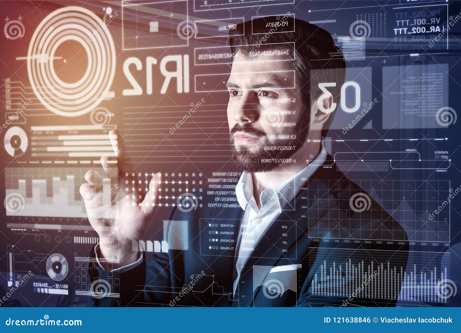 Attentive Web Developer Frowning and Carefully Touching the Transparent ...