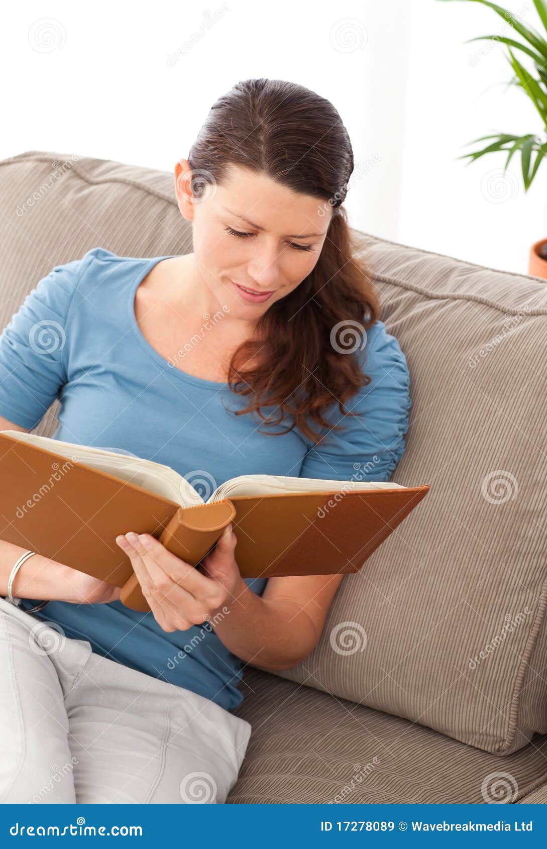Attentive Woman Reading a Book Sitting on Her Sofa Stock Image - Image ...