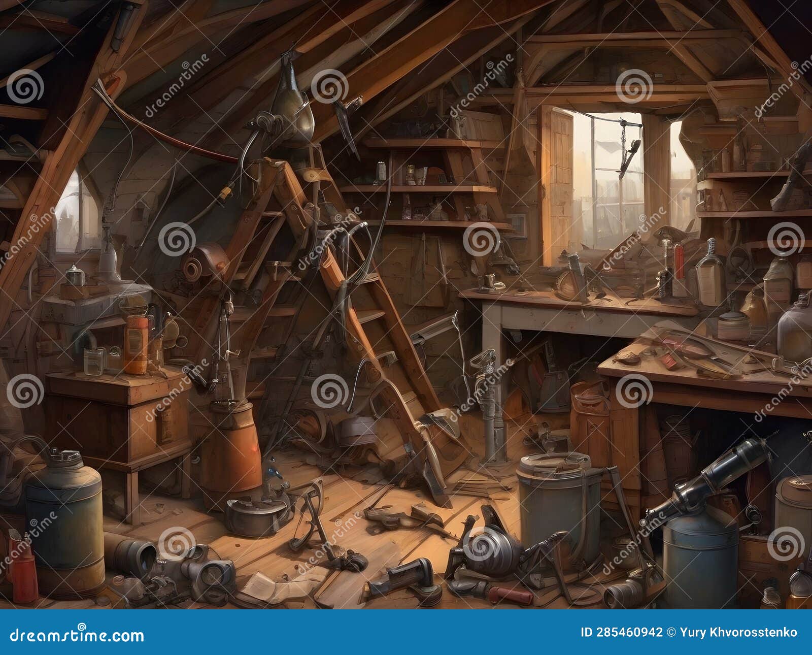 The Attic of a Big Old House is a Mess of Scattered Things. Stock ...
