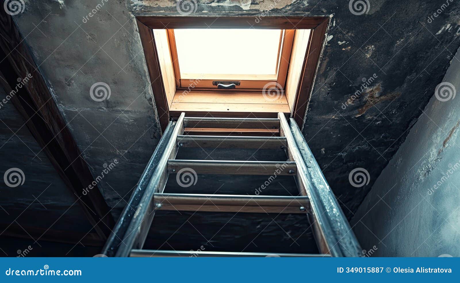 Attic Hatch or Loft Door is Opened with Handle. Loft Sliding Ladder ...
